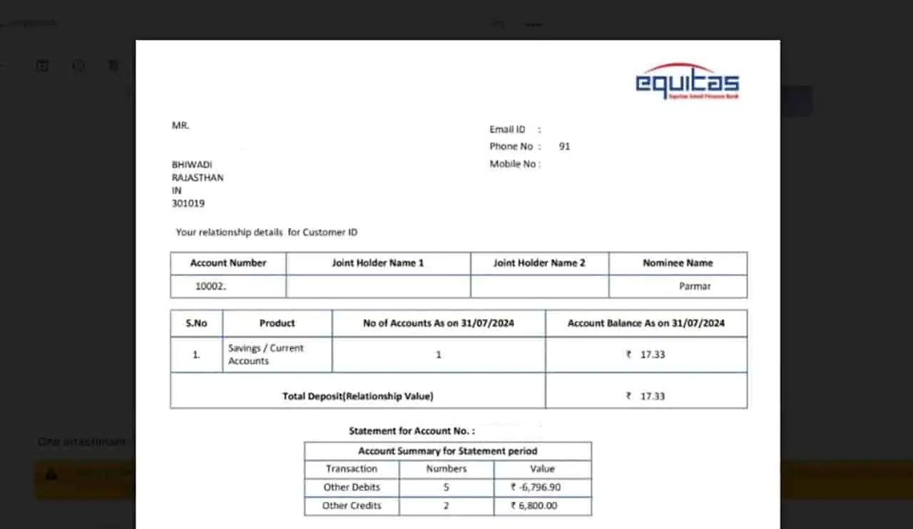 Equitas Bank PDF Password – Savings & Current Account 2026